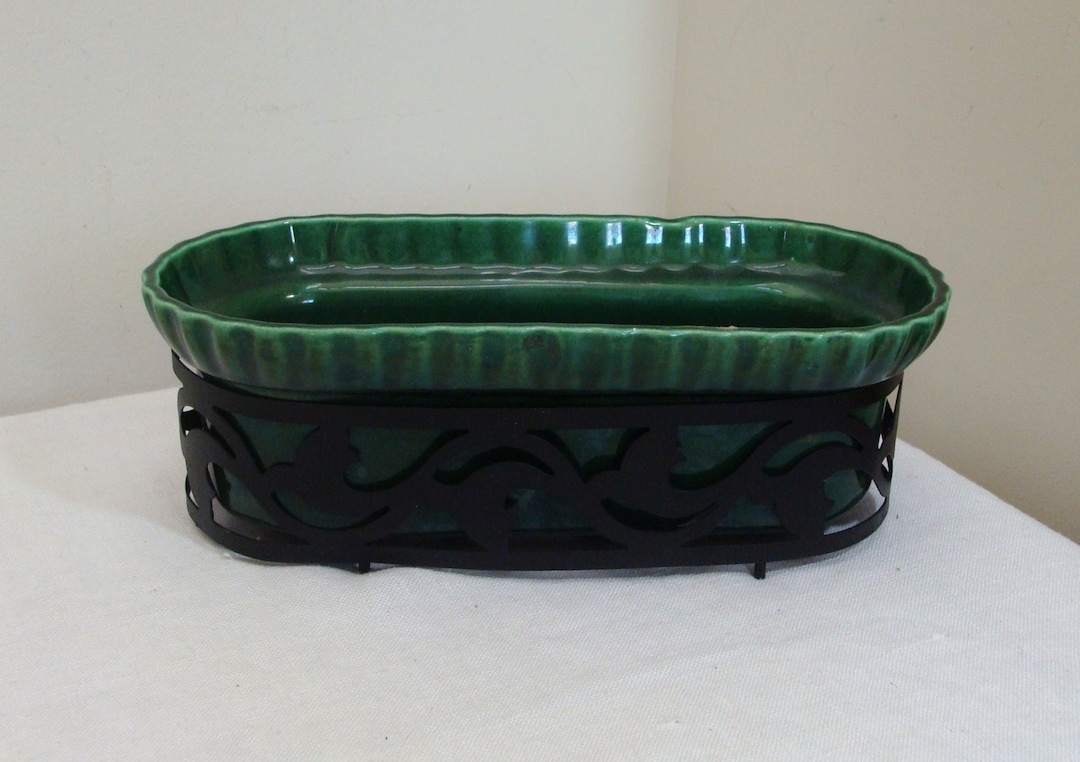 Vintage 1953 Miramar Green Planter With Black Metal Holder - Etsy