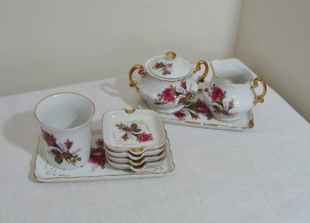 Vintage Royal Sealey Sugar Creamer Cigarette Ashtray Set - Moss Rose ...