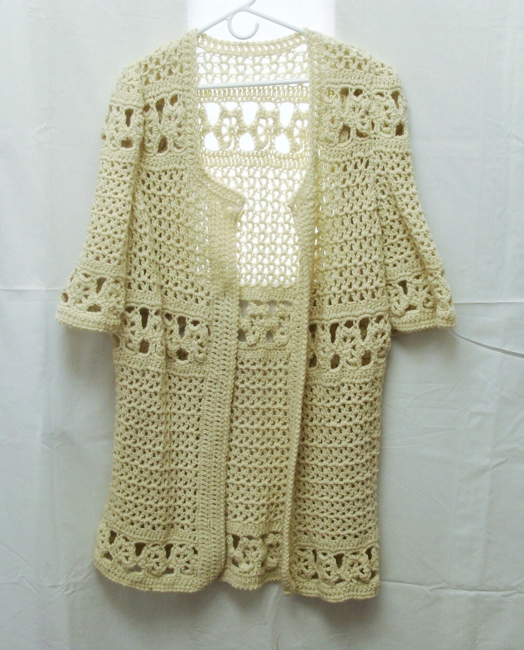 Vintage off White Crocheted Long Duster Sweater 3/4 Sleeve - Womens M-L ...