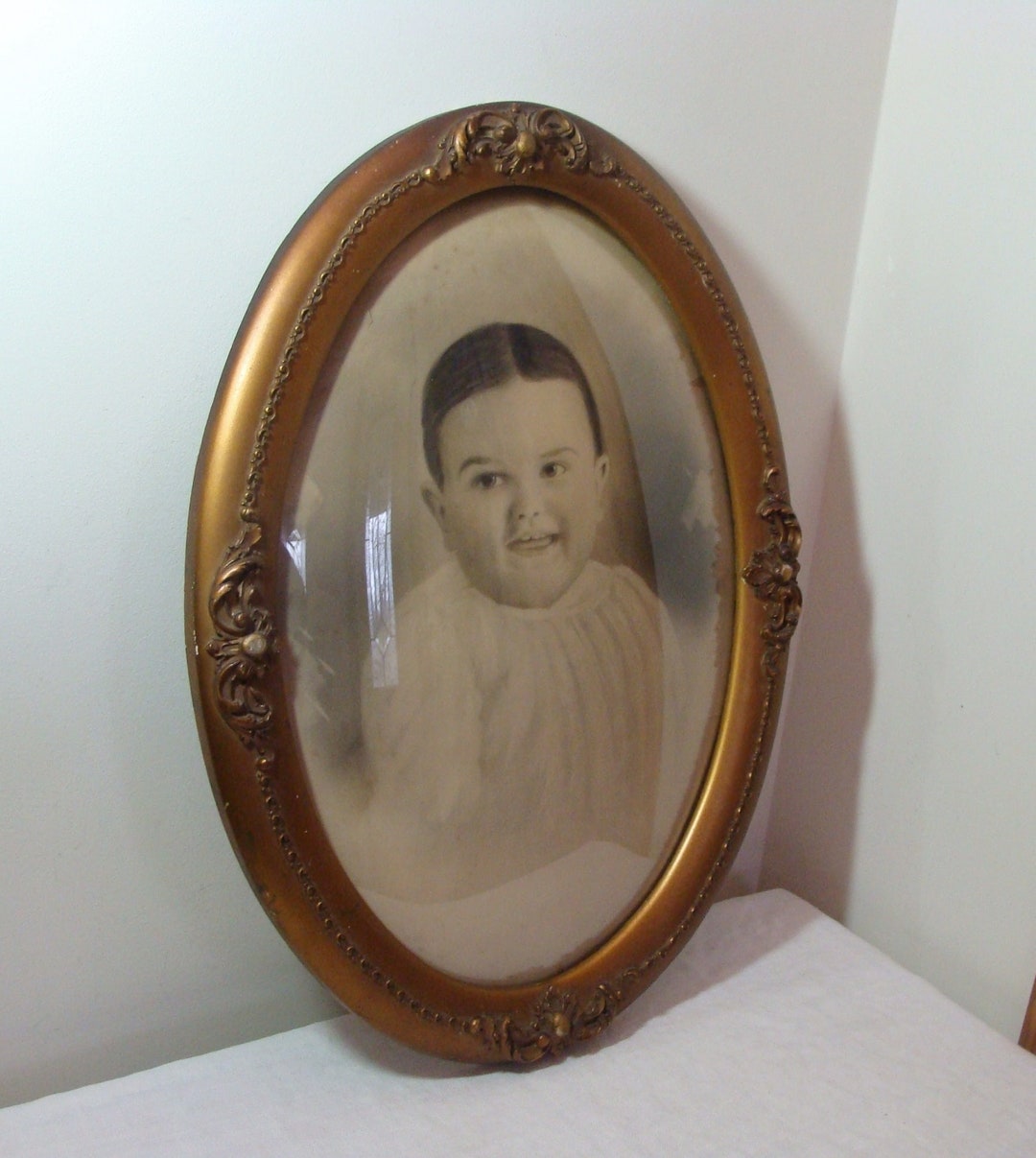 Vintage Antique Gold Wood Oval Frame With Convex Glass and Child ...