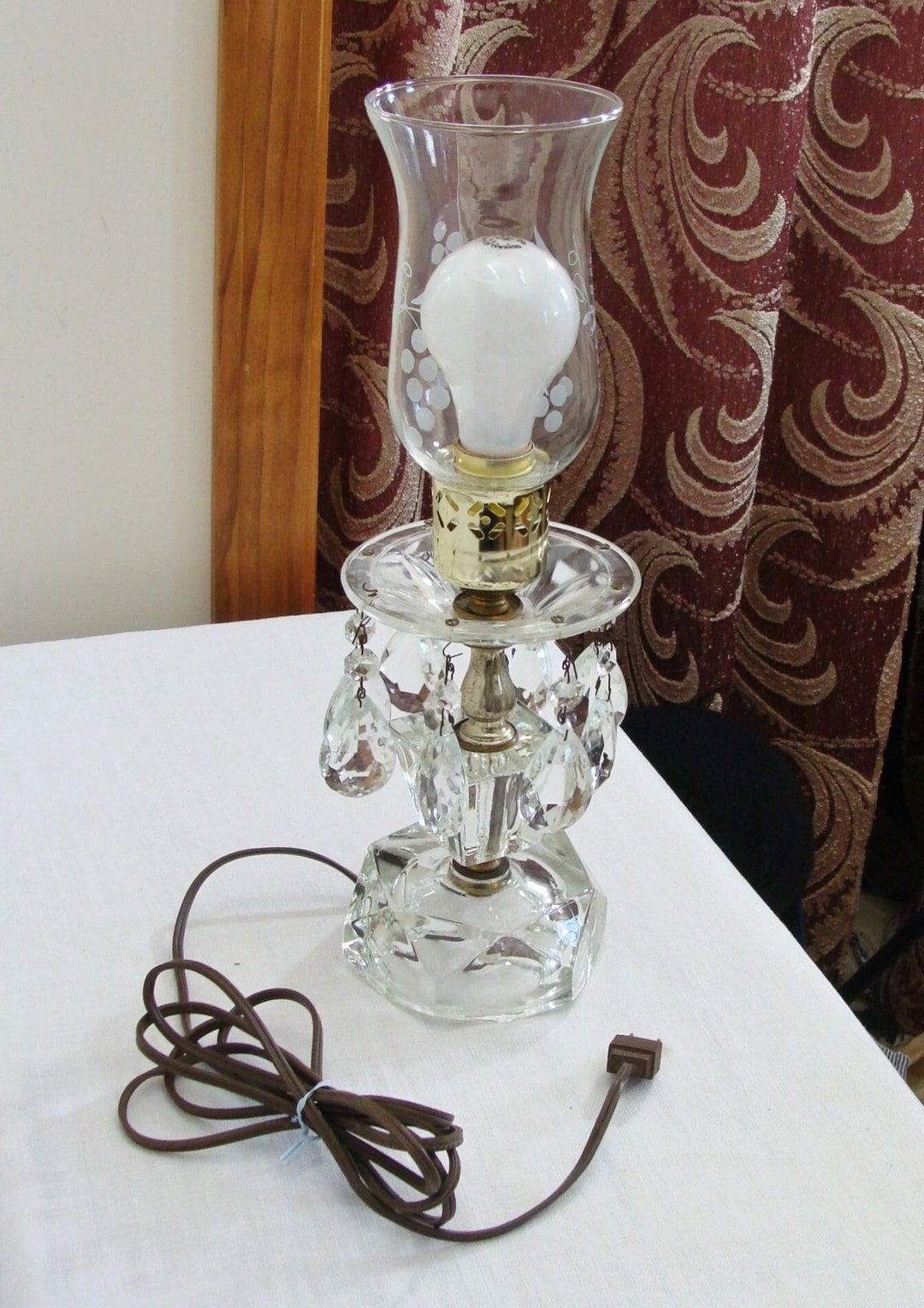Vintage Crystal Hurricane Lamp With Prisms and Etched Chimney - Accent ...