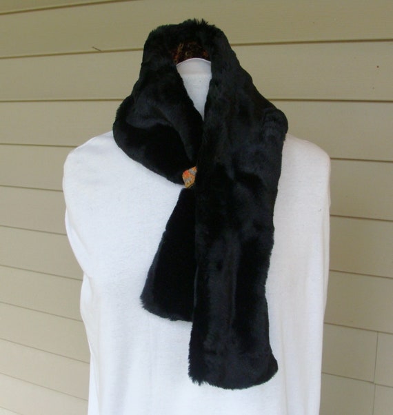 Vintage Black Fur Scarf with Flowered Velvet Lining | Etsy