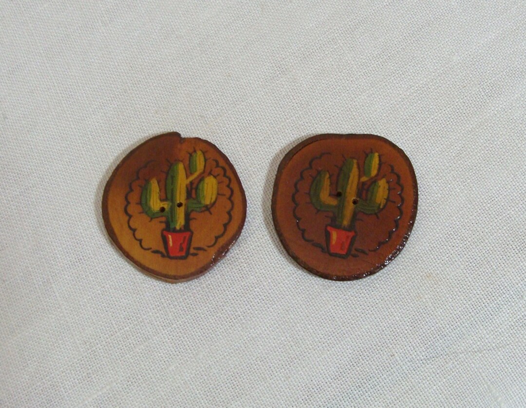 Vintage Pair Wooden Hand Painted Cactus Buttons - Etsy