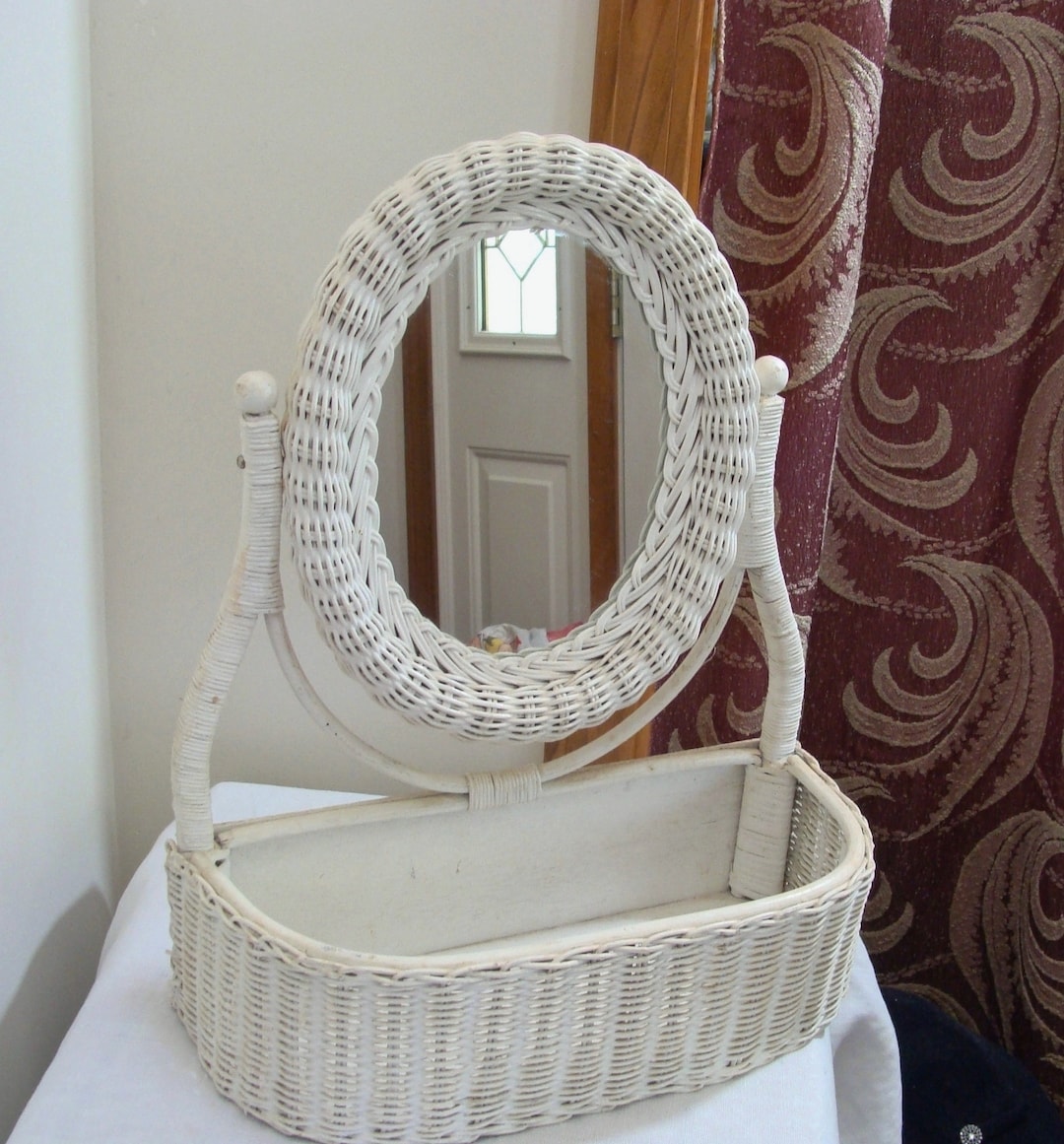 Vintage White Wicker Mirror Stand With Tray - Etsy