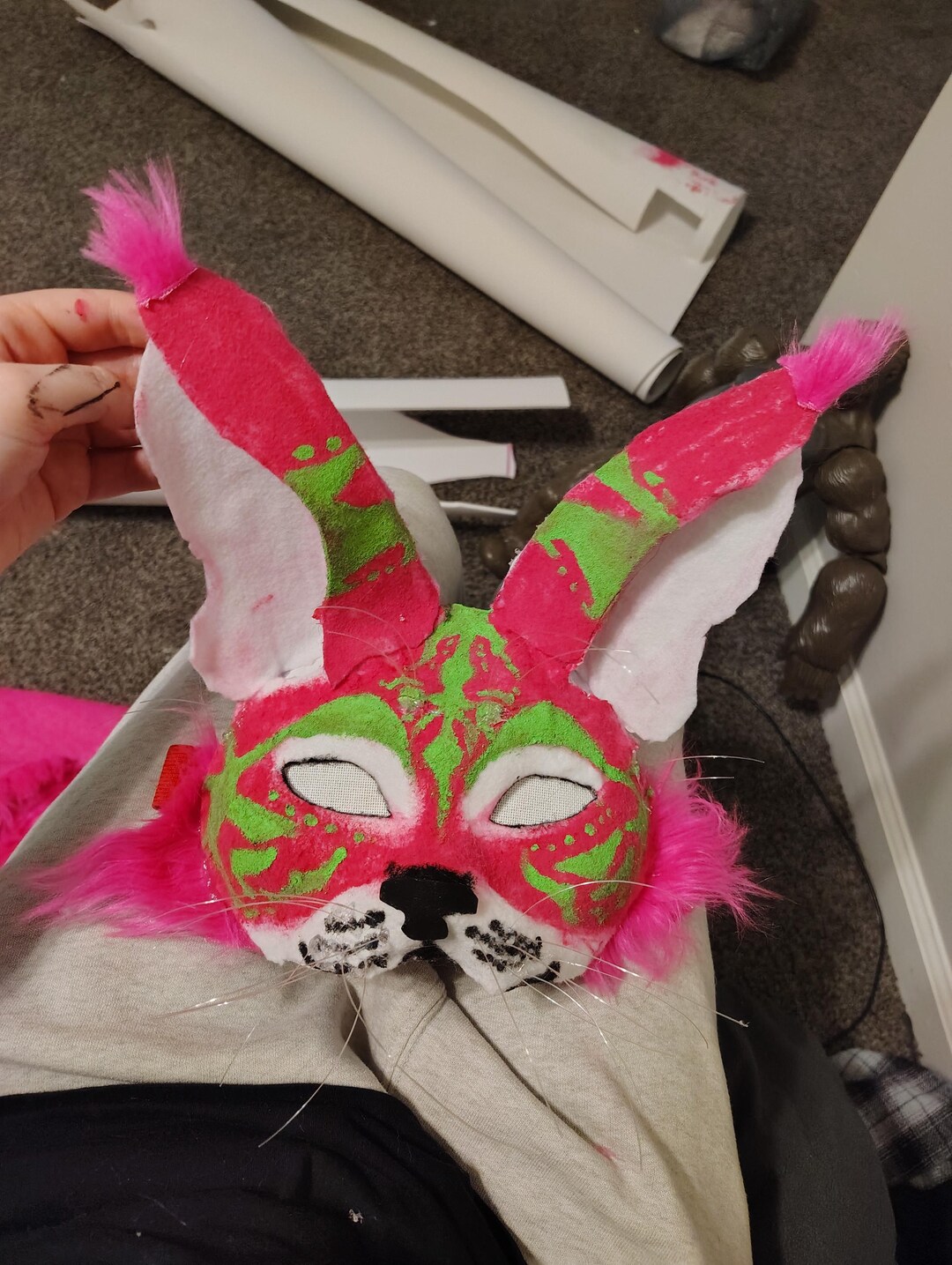 Handmade Therian Cat Mask Premade Green and Pink - Etsy