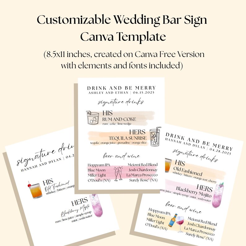 Editable Wedding Bar Sign Template: Signature Cocktails (canva) - Etsy