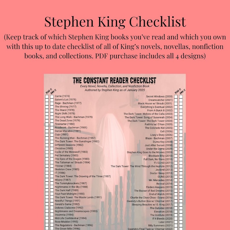 Stephen King Book Tracker: Constant Reader Checklist (printable PDF) - Etsy