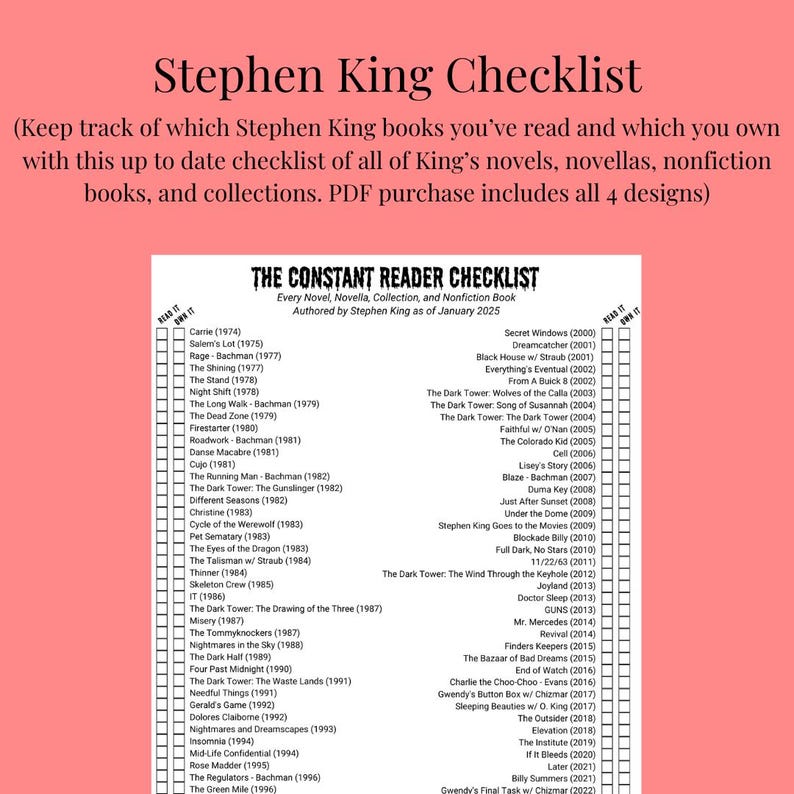 Stephen King Book Tracker: Constant Reader Checklist (printable PDF) - Etsy