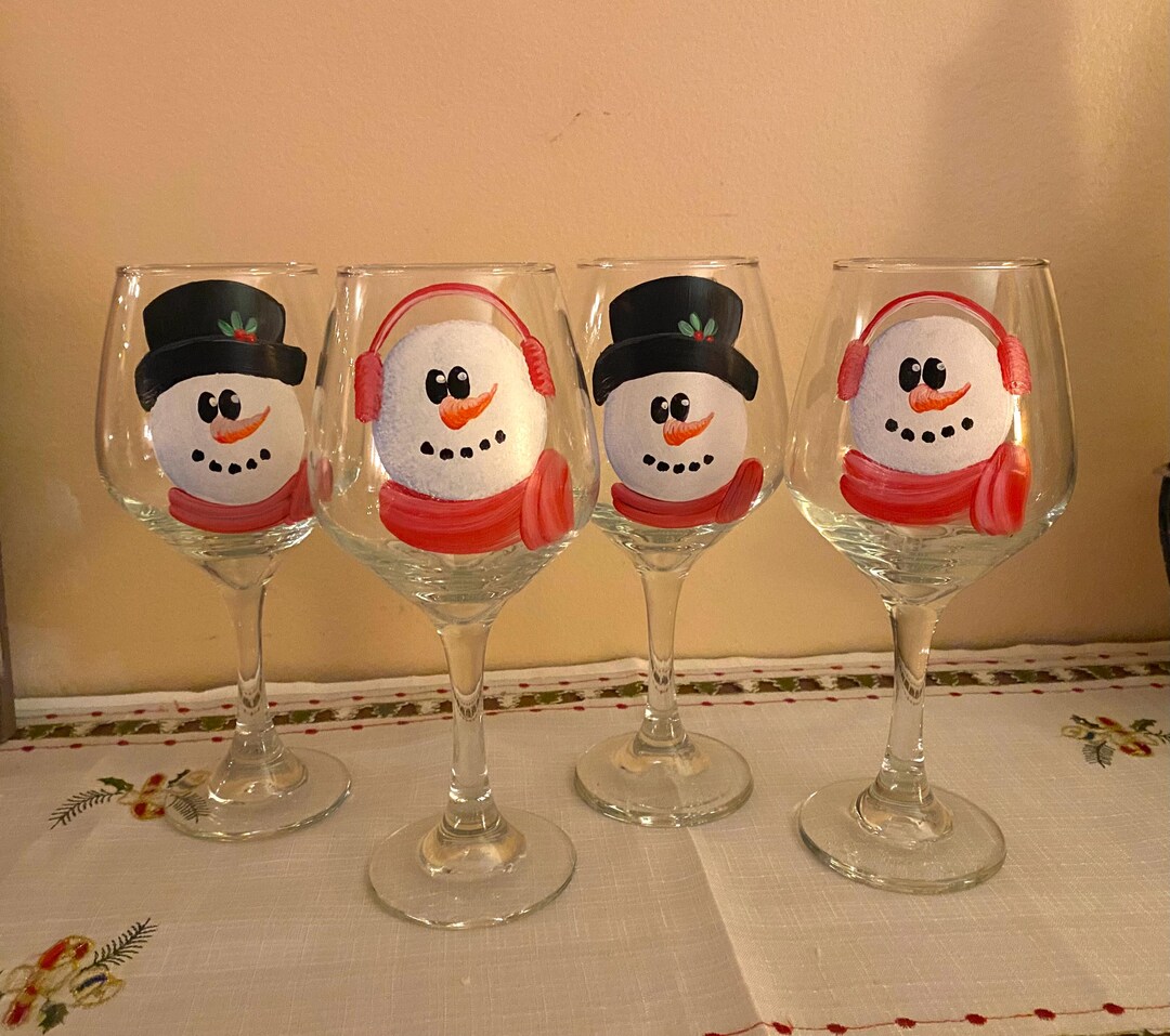 Hand Painted Snowman Wine Glasses Set of 4 - Etsy