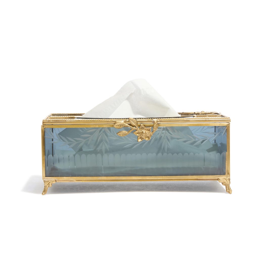 Brass Tissue Box Holder With Etched Floral Design Black Glass Retro ...