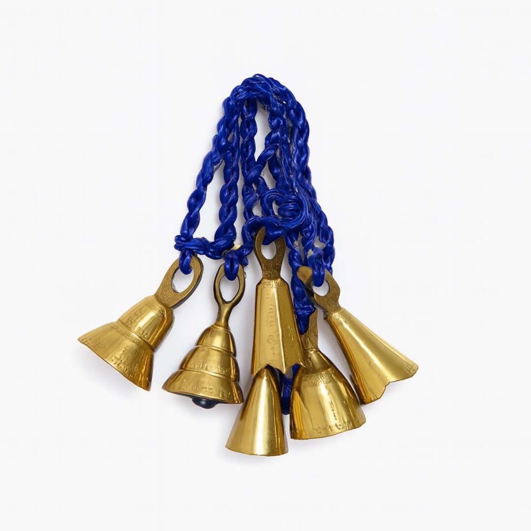 Handmade Brass Bell Cluster: Blue Cord Hanging Chime, 36 Inches - Etsy