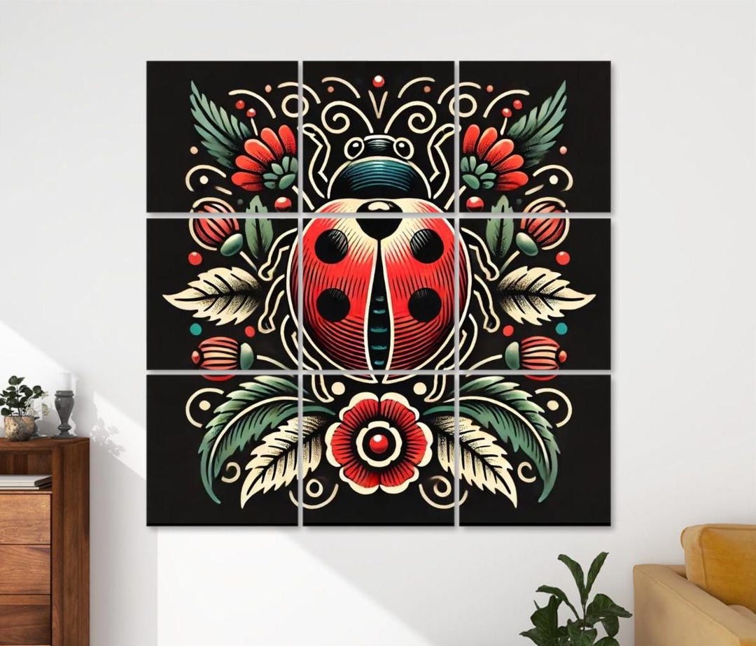 Huge 9-panel Wall Art, Beautiful Original Ladybug Design, Large Vintage ...