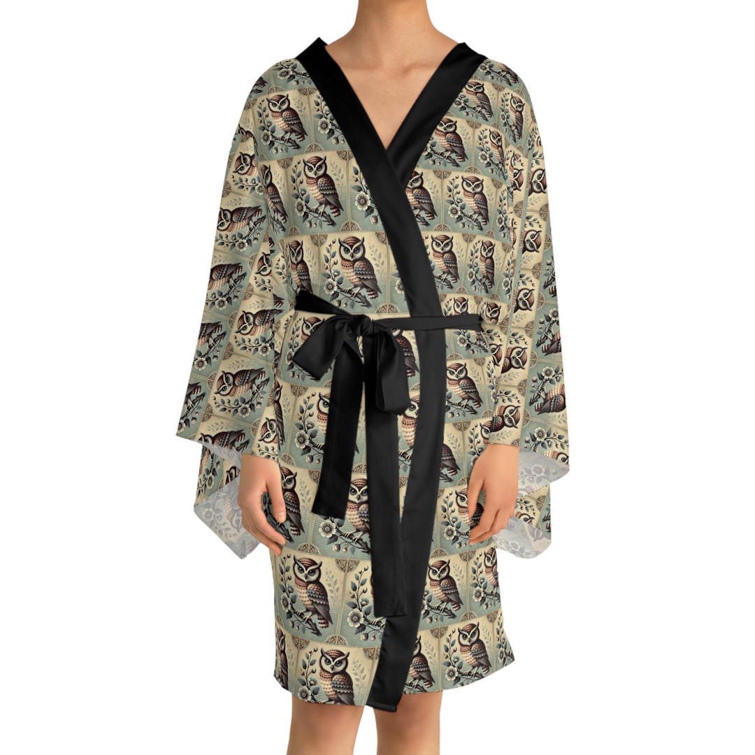 Kimono-style Robe, Blue Owl Design, Elegant Long Sleeve Cover Up ...