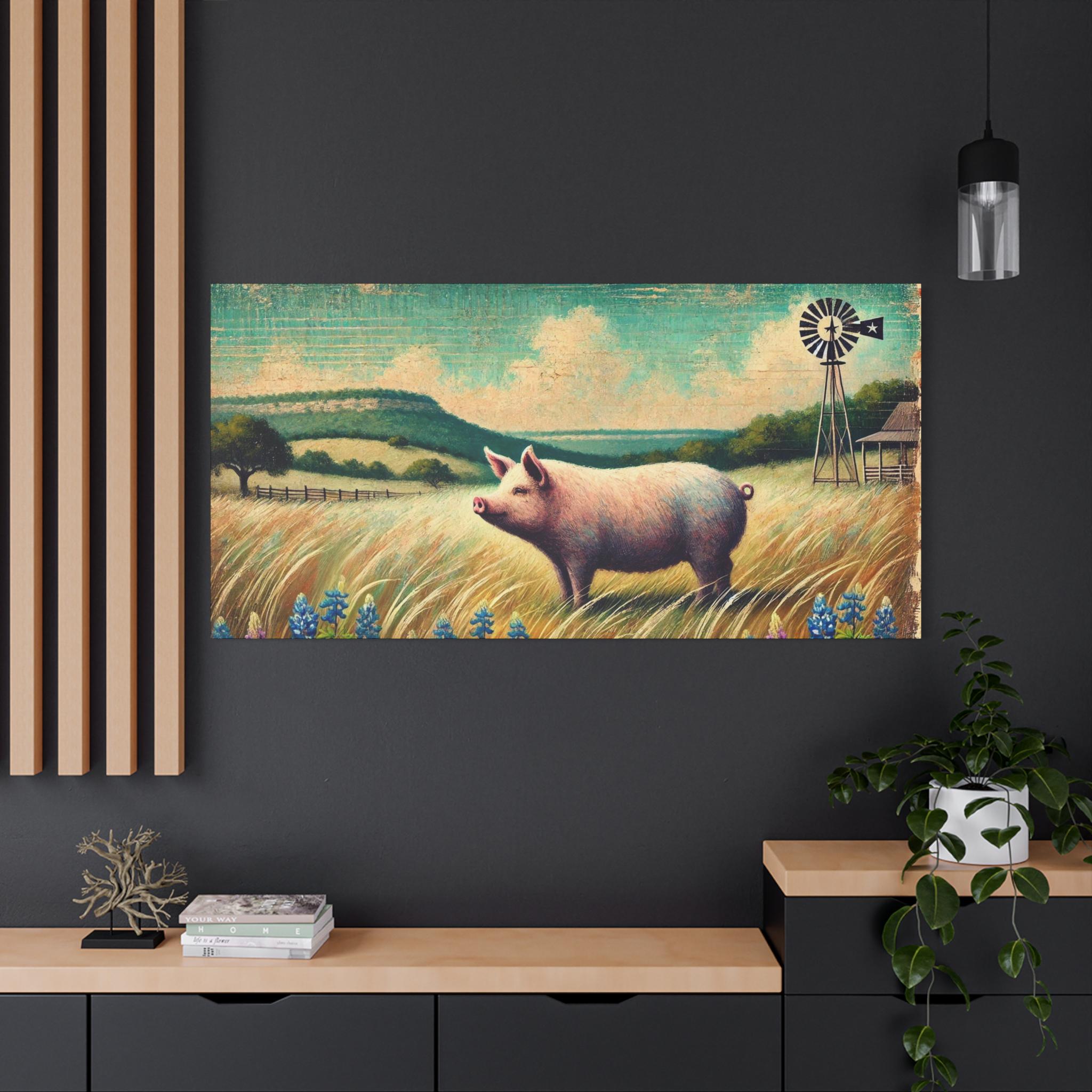 Original Primitive Folk Art Pig Canvas Print, Matte Stretched Wall Art ...