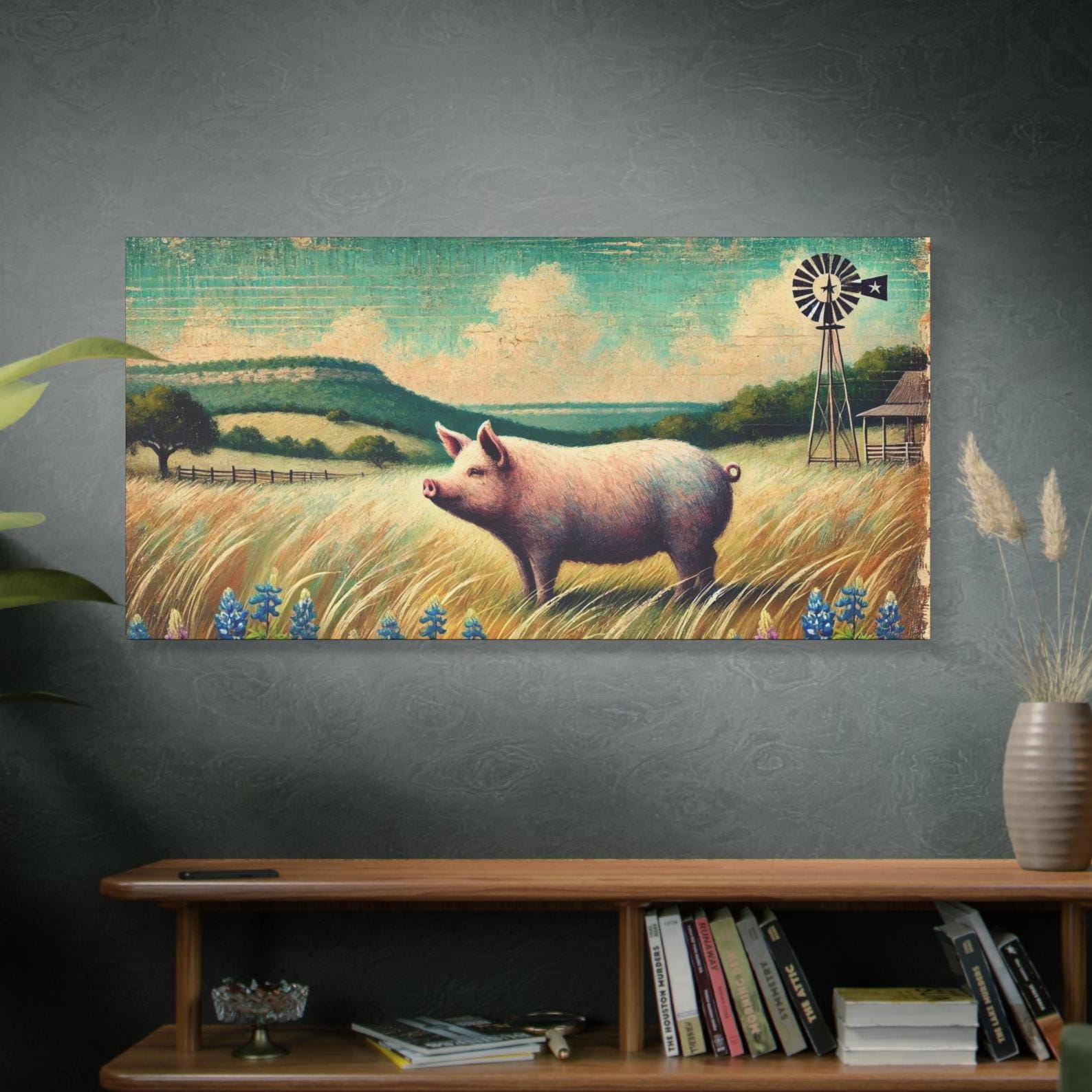 Original Primitive Folk Art Pig Canvas Print, Matte Stretched Wall Art ...