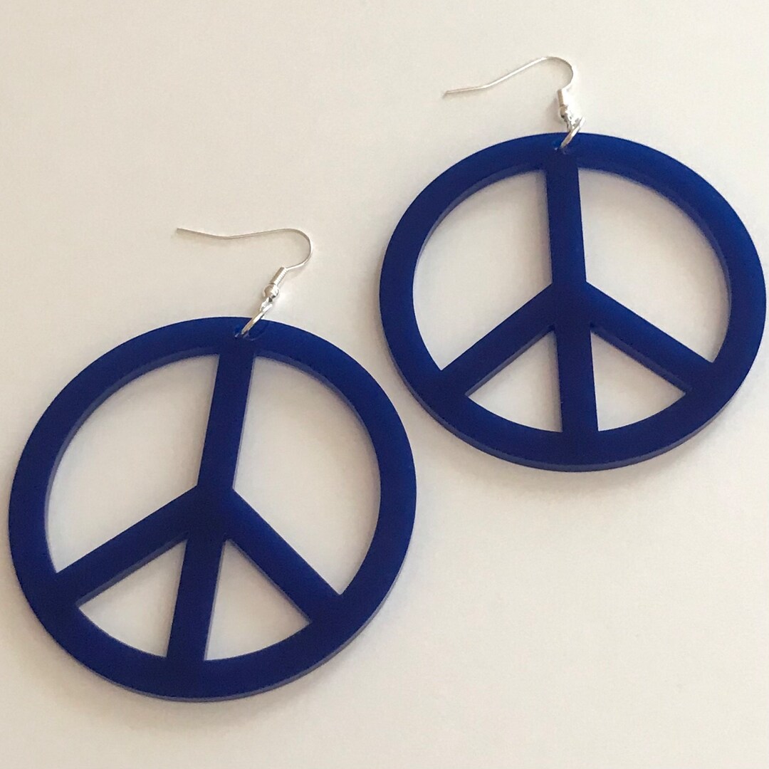Dark Blue Large Peace Sign Earrings, Acrylic Statement Earrings, Hippie ...