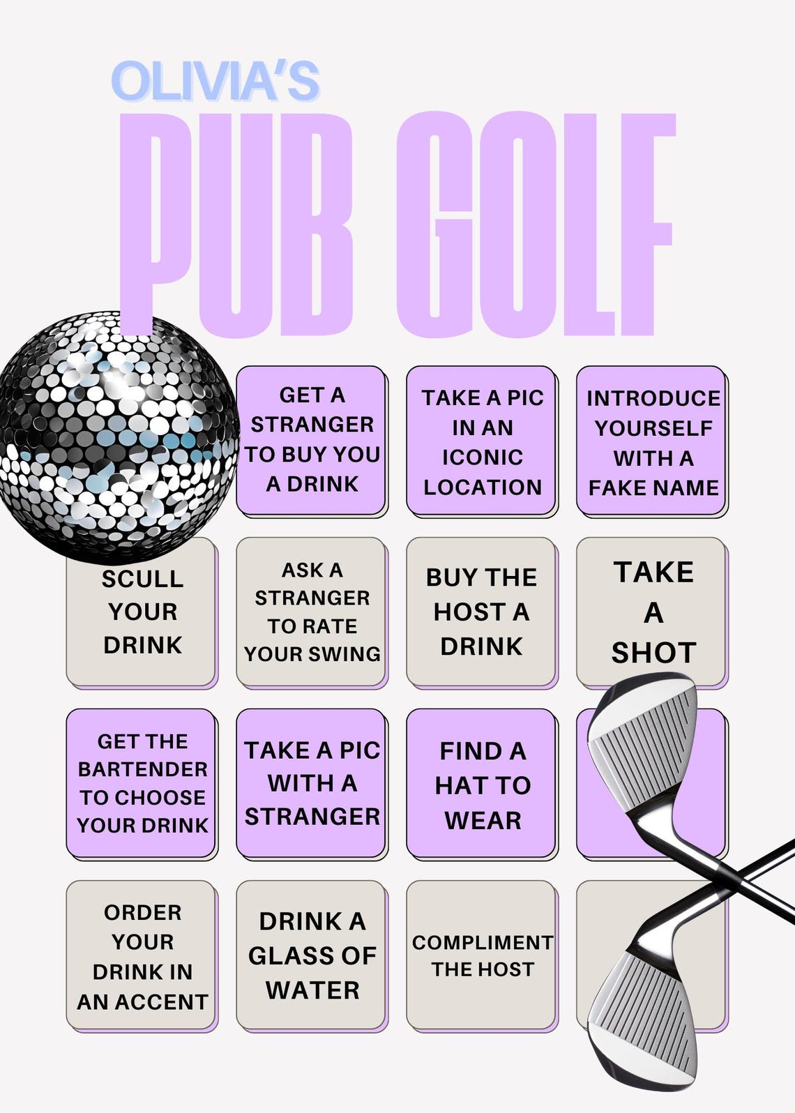 Pub Golf Challenge Bingo Card Template | Fun Printable Party Game for ...
