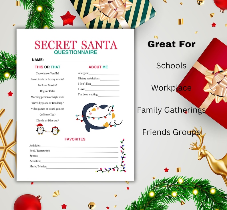 Secret Santa Questionnaire, Secret Santa Questionnaire Printable ...