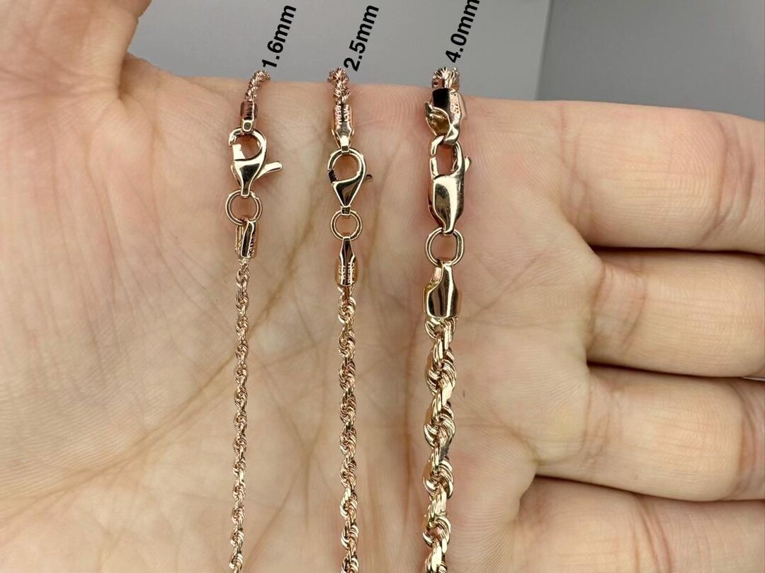 14k Solid Rose Gold Daimond Cut Rope Chain Necklace, 16" - 24" Inches ...