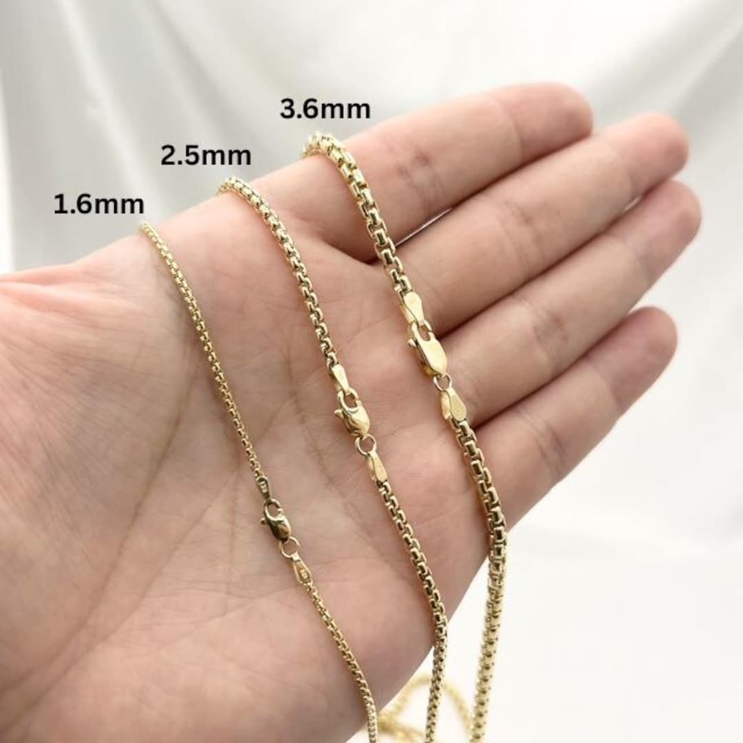 Solid 10K Gold Round Box Chain Necklace (1.6mm-3.6mm) 16' - 24" Inches ...