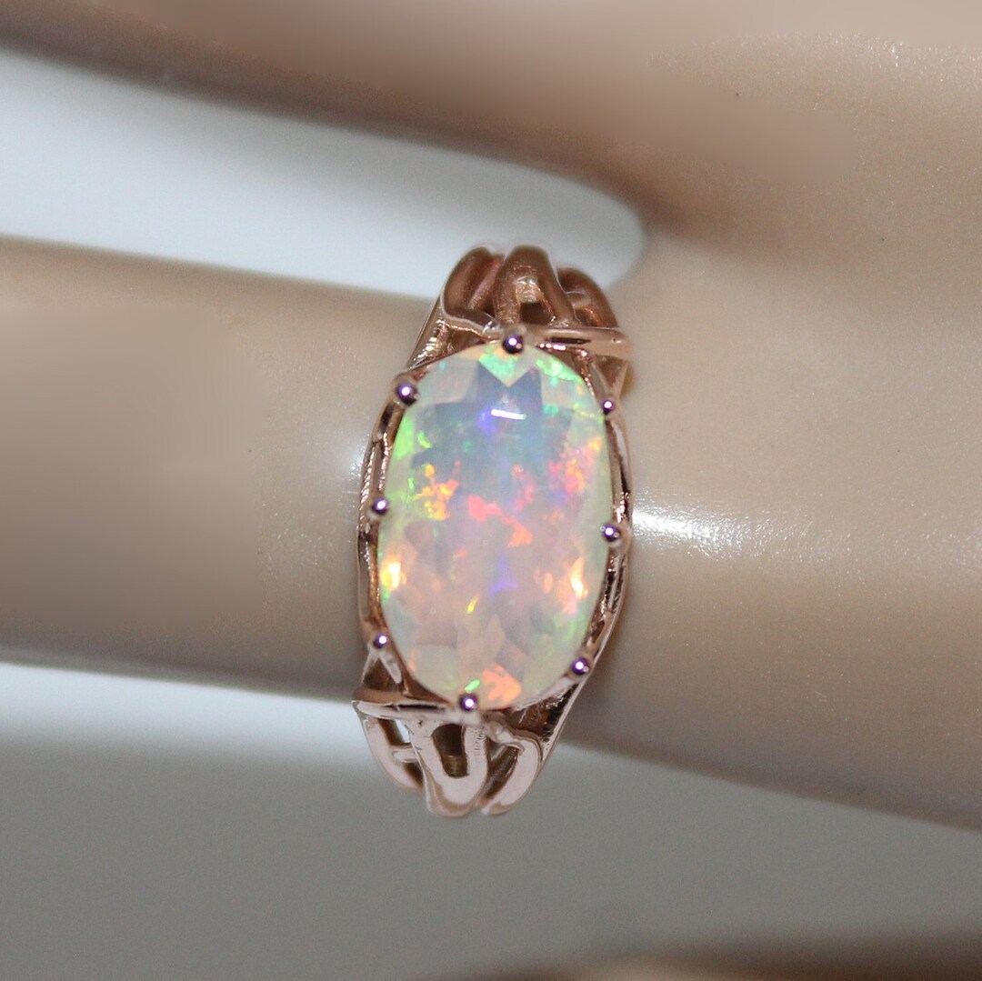 Rose Gold Opal Ring, Oval Engagement Ring, Faceted Natural Opal ...