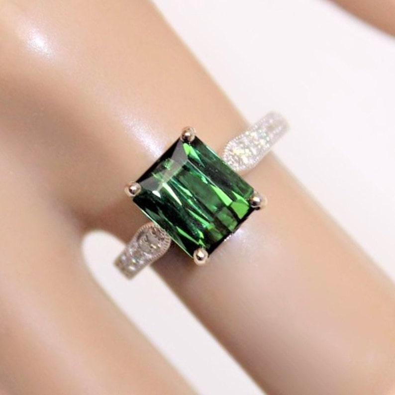 Emerald Cut Green Tourmaline Engagement Ring: Diamond Accent, 14K White ...