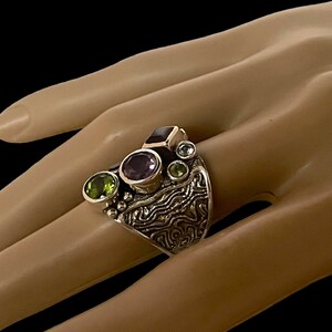 Chunky Genuine Multi Gemstone Silver Ring, Handmade Gemstone Ladies ...