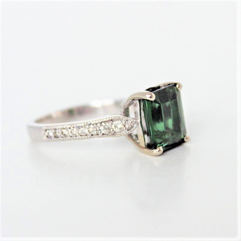 Emerald Cut Green Tourmaline Engagement Ring: Diamond Accent, 14K White ...