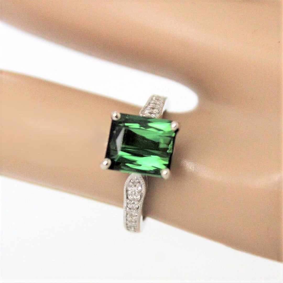 Emerald Cut Green Tourmaline Engagement Ring: Diamond Accent, 14K White ...