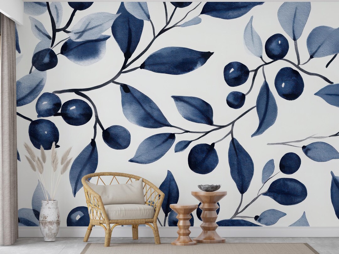 Watercolor Blueberry Wallpaper Dark Wall Mural Decal for Living Room ...