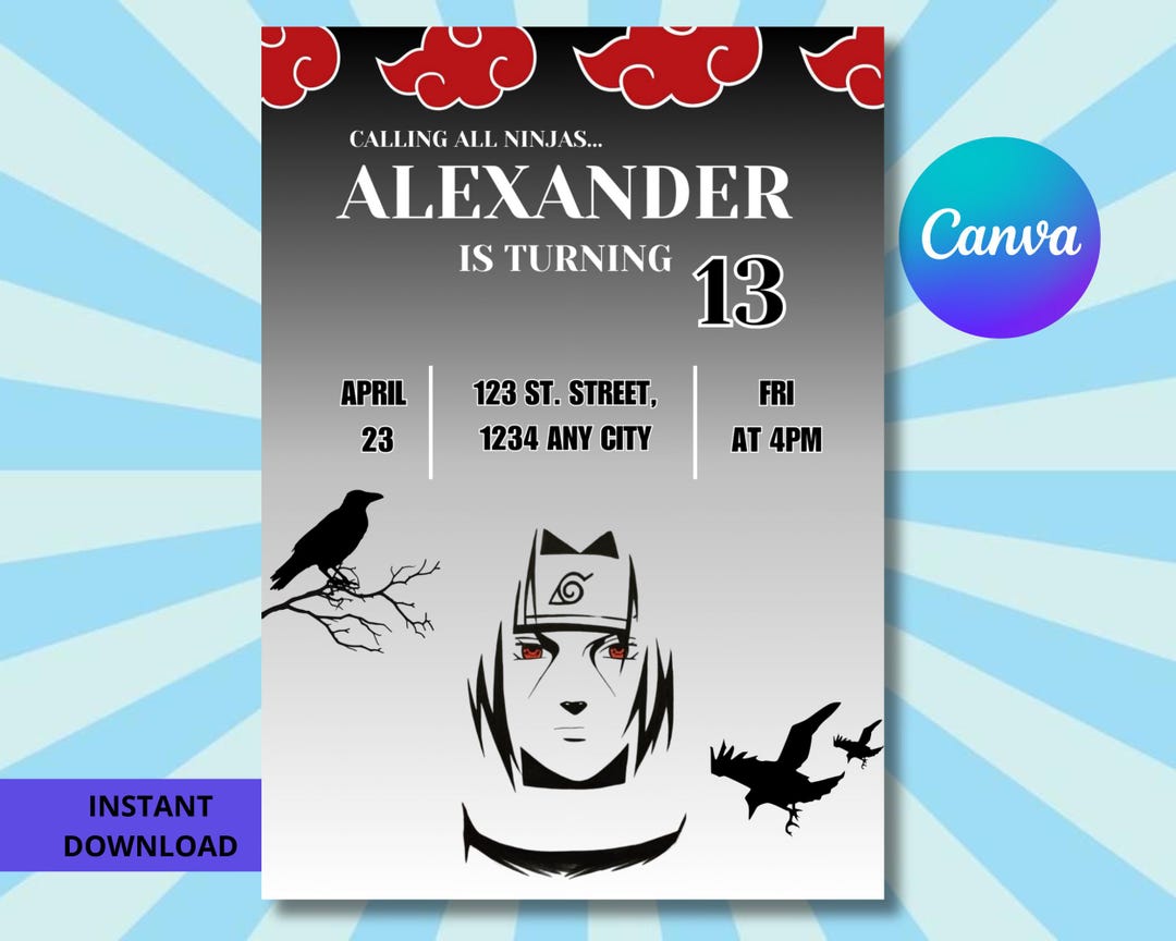 Itachi Uchiha Naruto Shippuden Digital Birthday Invitation for Birthday ...