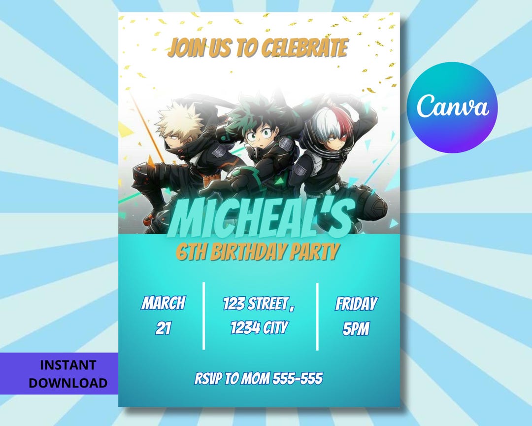 My Hero Academia Anime Invitations, Izuku Midoriya/deku, Printable ...