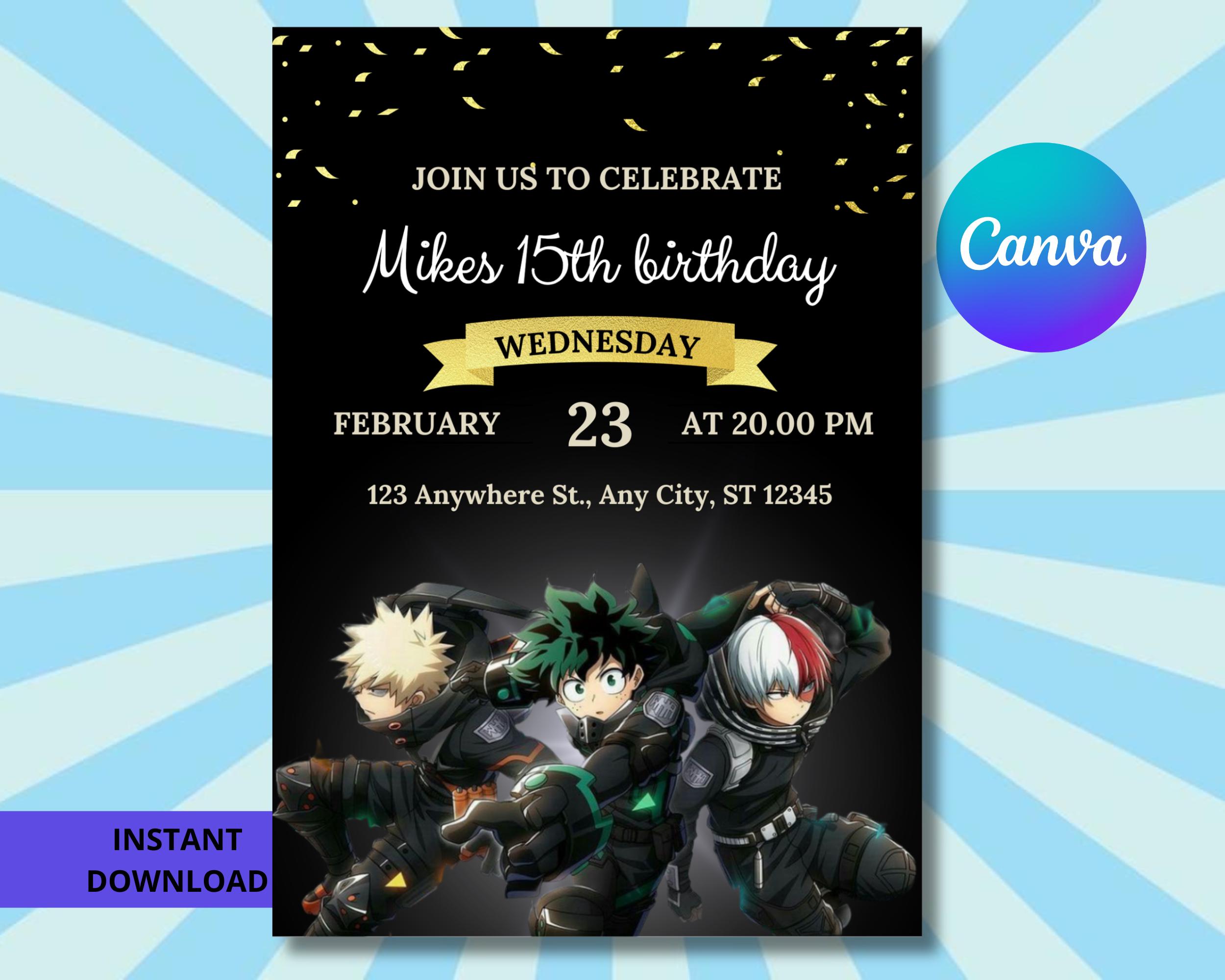 My Hero Academia Anime Invitations, Izuku Midoriya/deku, Printable ...
