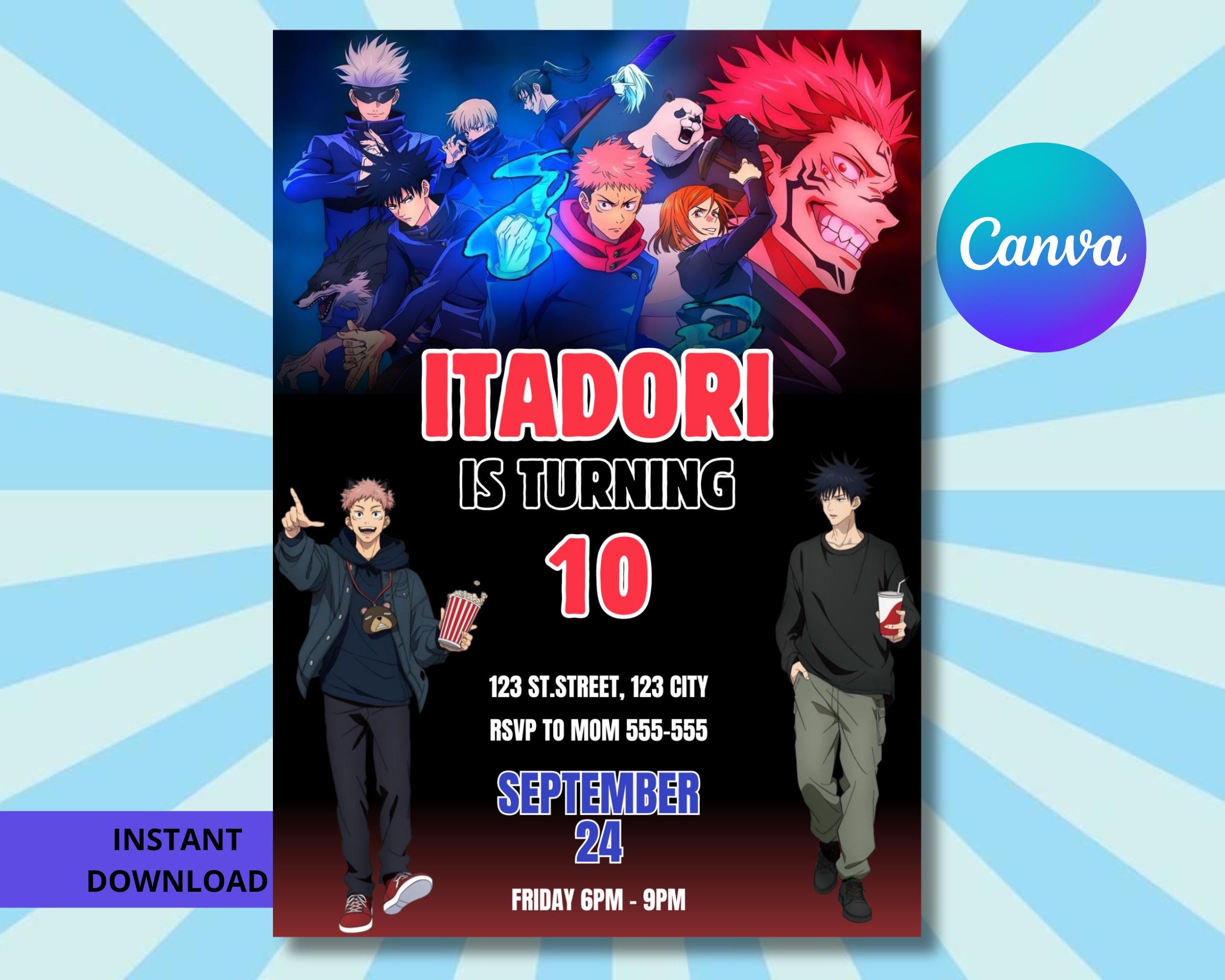 Jujutsu Kasien Anime Digital Birthday Invitation, Editable in Canva ...