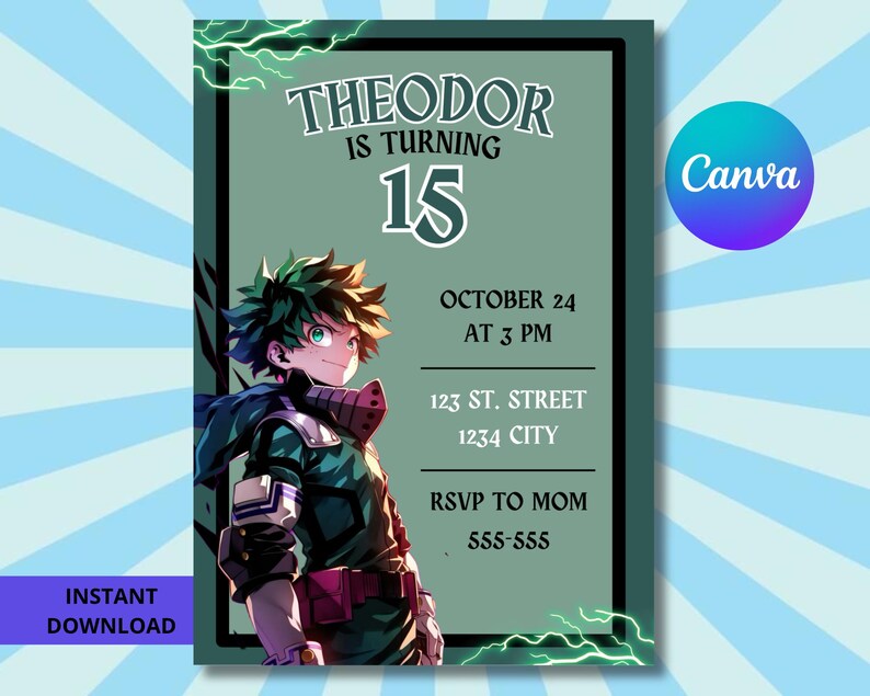 My Hero Academia Anime Invitations, Izuku Midoriya/deku, Printable ...