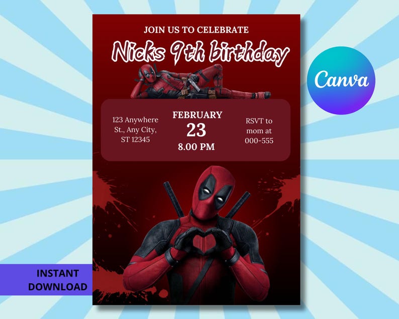 Deadpool Digital Invitation, Editable in Canva, Invite for Birthday ...