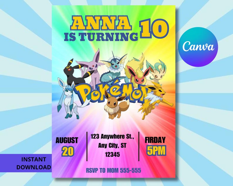 Pokemon Digital Birthday Invitations, Eevee Pokemon Invite, Printable ...