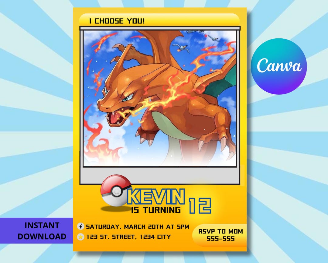 Pokemon Digital Birthday Invitations, Charizard Pokemon Invite ...