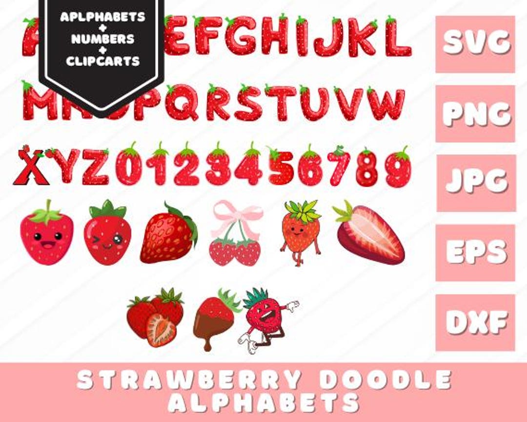 Strawberry Doodle Alphabet Bundle, Summer Fruits PNG Letters, Numbers ...
