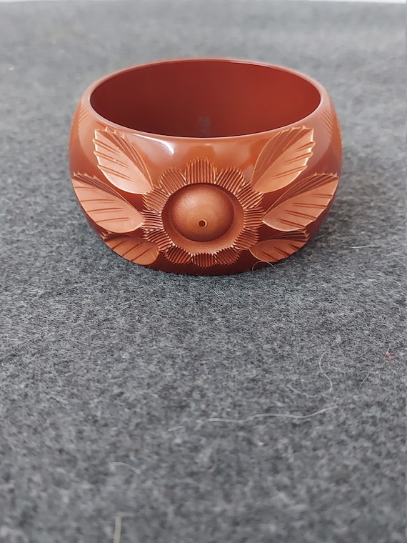 1930 Vintage Huge Galalith Heavy Carved Wide Bangle B… - Gem