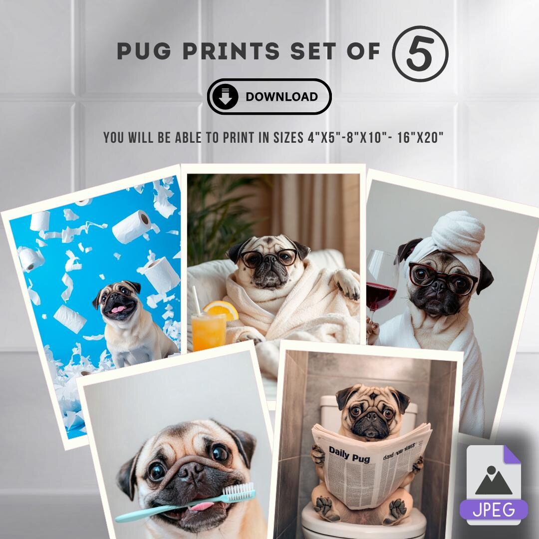 Funny Pug Bathroom Prints: Set of 5, Unique Dog Art (digital Download ...