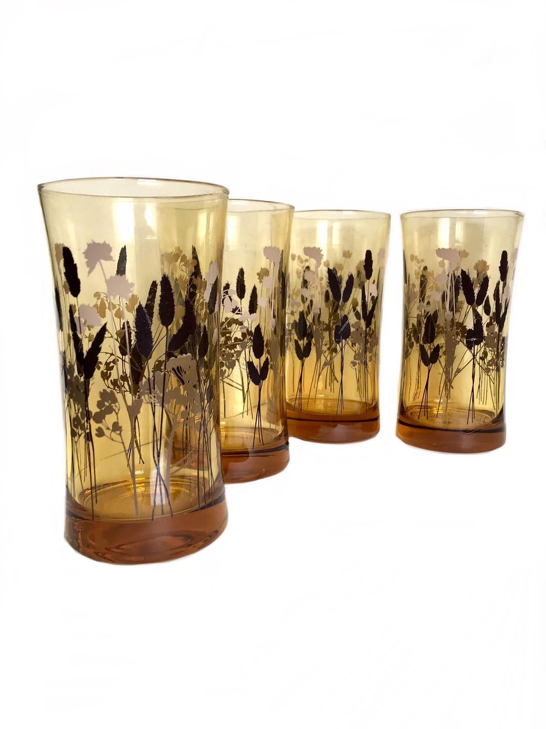 1970s Retro Floral Drinking Glasses / Retro Amber Glass Wheat Pattern ...