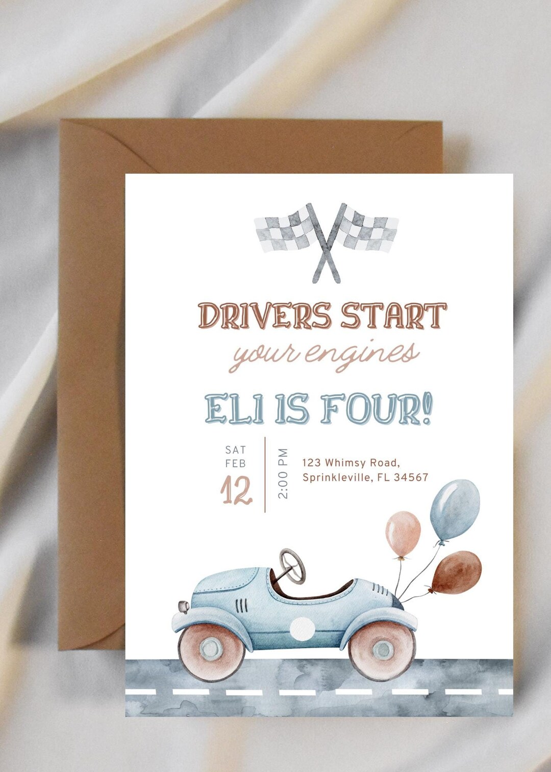 Race Car Birthday Party Invitation, Watercolor Four Year Old Party ...