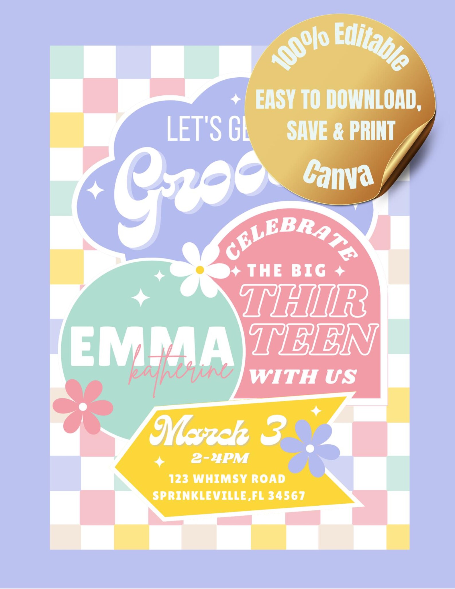 Preppy Groovy Birthday Invitation, Editable Flower Retro Birthday, Teen ...