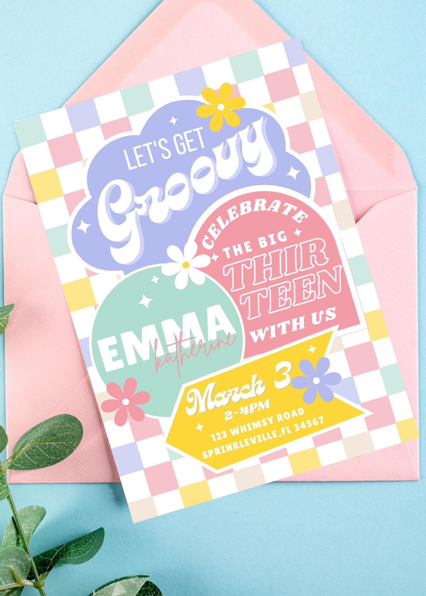 Preppy Groovy Birthday Invitation, Editable Flower Retro Birthday, Teen ...