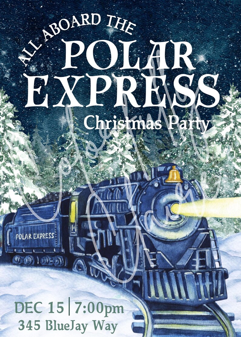 The Polar Express Watercolor Christmas Party Invitation, North Pole ...
