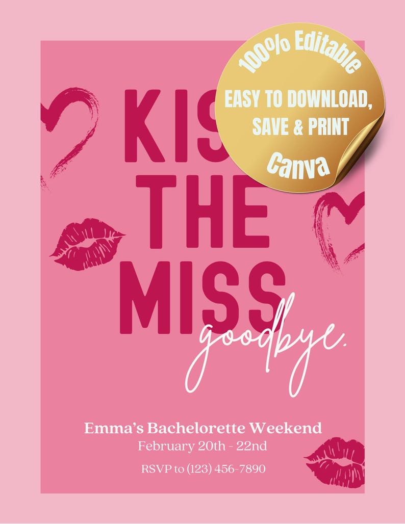 Kiss the Miss Goodbye Bachelorette Party Invitation Template (digital ...