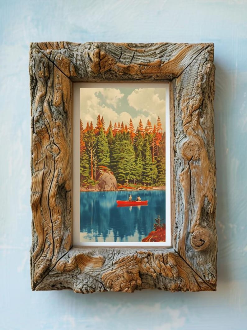 Vintage Wilderness Canoe Print, Retro Forest Lake Art, Nature Wall ...