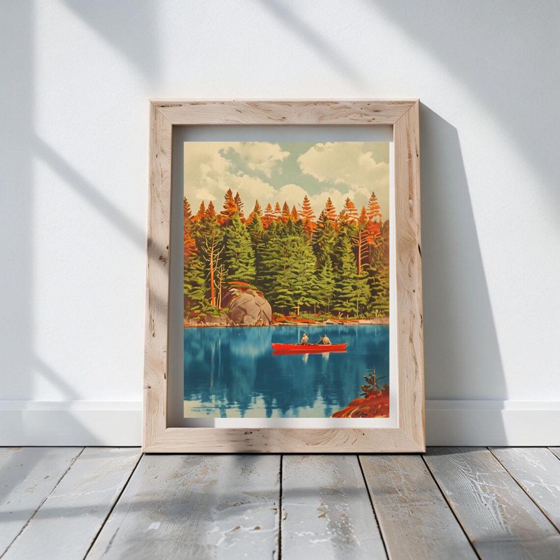 Vintage Wilderness Canoe Print, Retro Forest Lake Art, Nature Wall ...