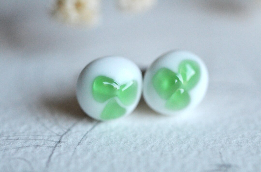 White Glass Posts With Jade Green Glass Inlays, Fused Glass Stud ...